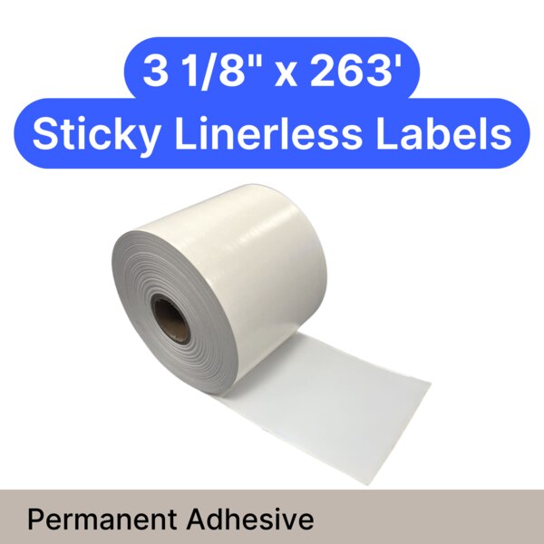 3 1/8" x 263' Sticky Thermal Linerless Labels, Permanent Adhesive ...